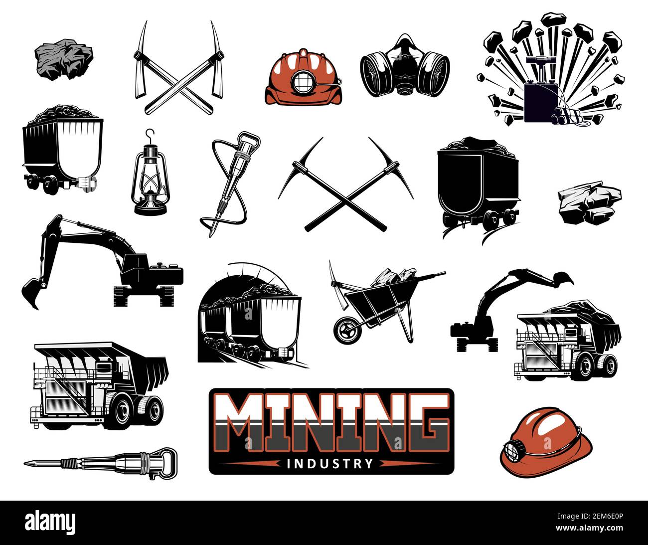 Coal mining industry isolated vector icons. Mine machinery and miner ...