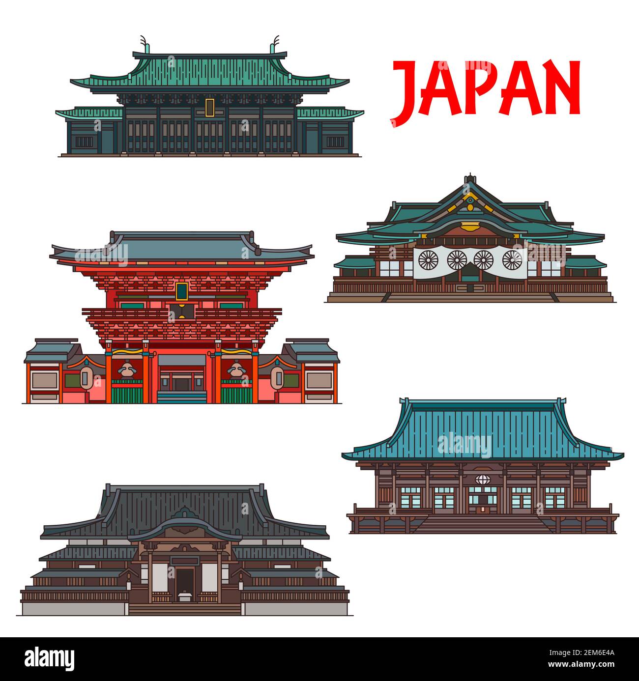 Japanese travel landmarks with vector buildings of Tokyo. Thin line ...