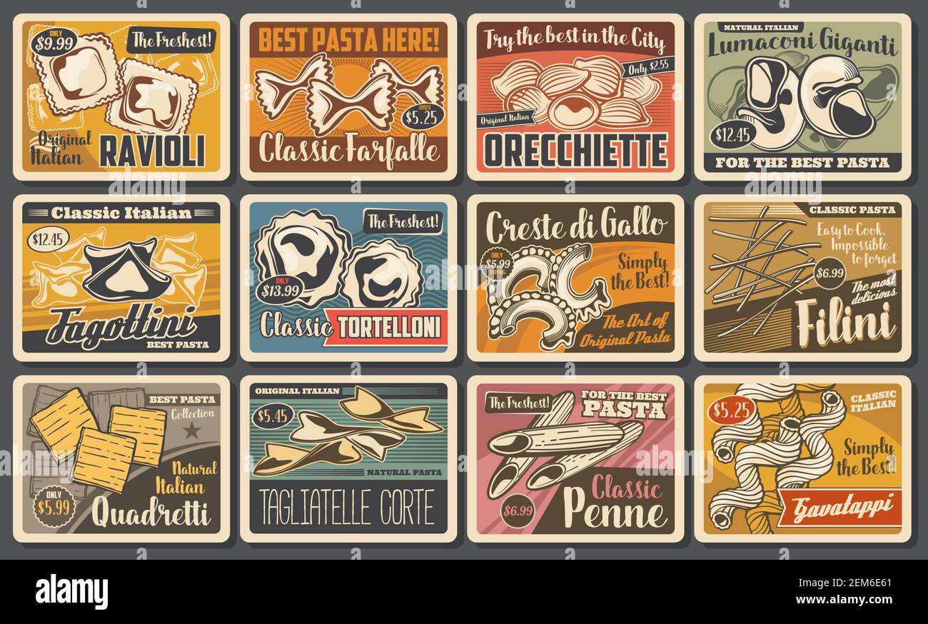 Italian pasta and macaroni retro posters with food of Italy. Vector ...