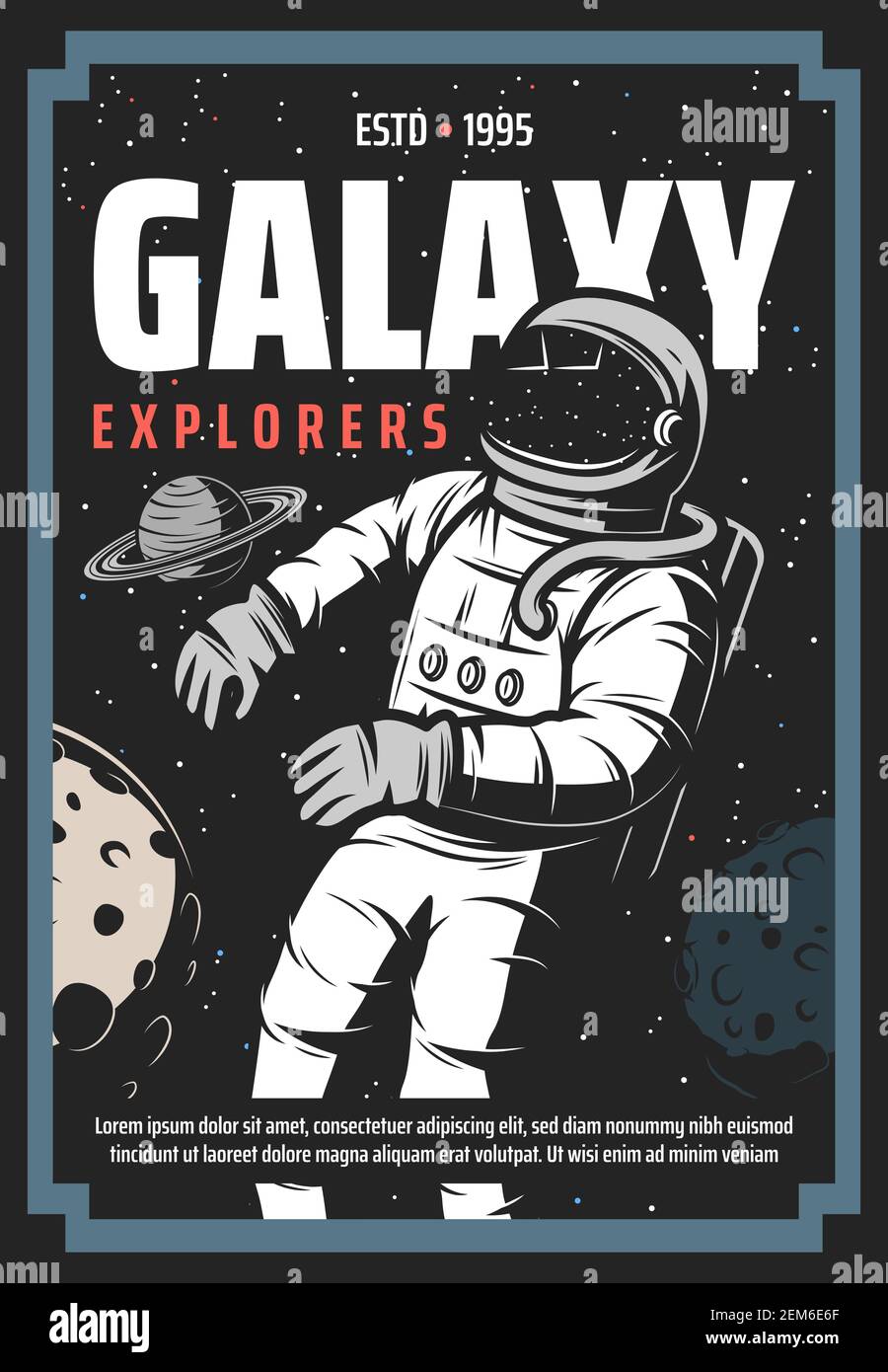 Astronaut in outer space, universe exploration retro poster. Cosmonaut ...