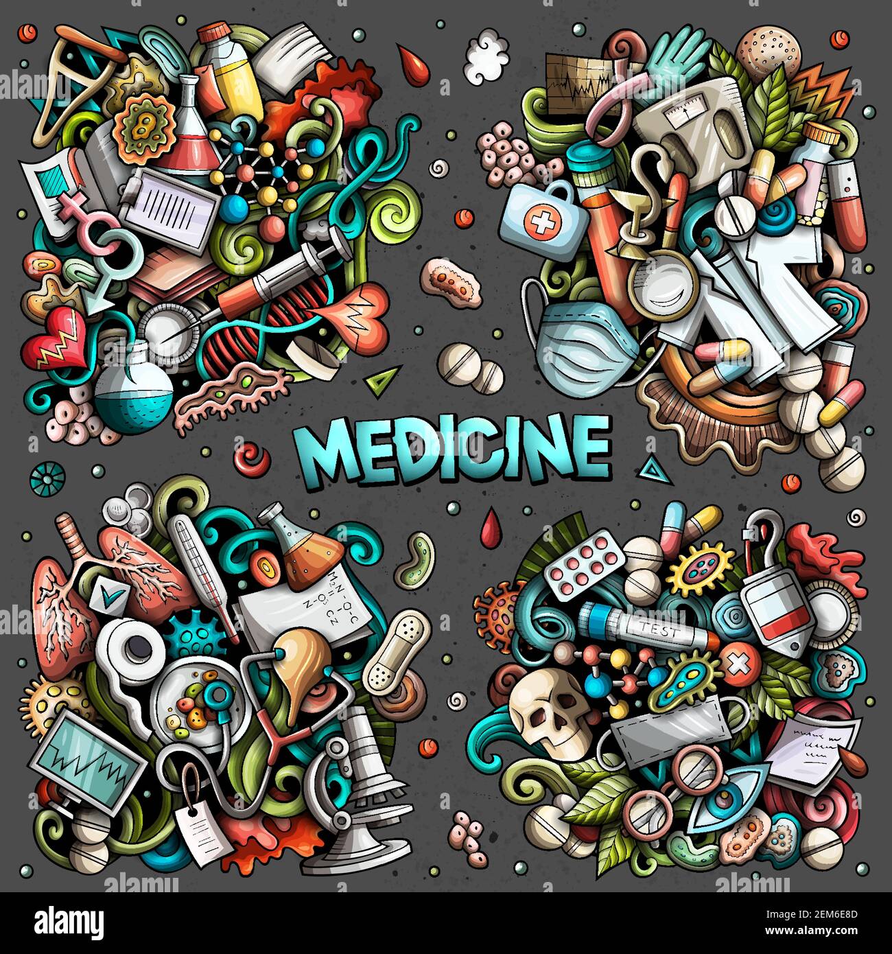 Medicine cartoon vector doodle designs set. Colorful detailed ...