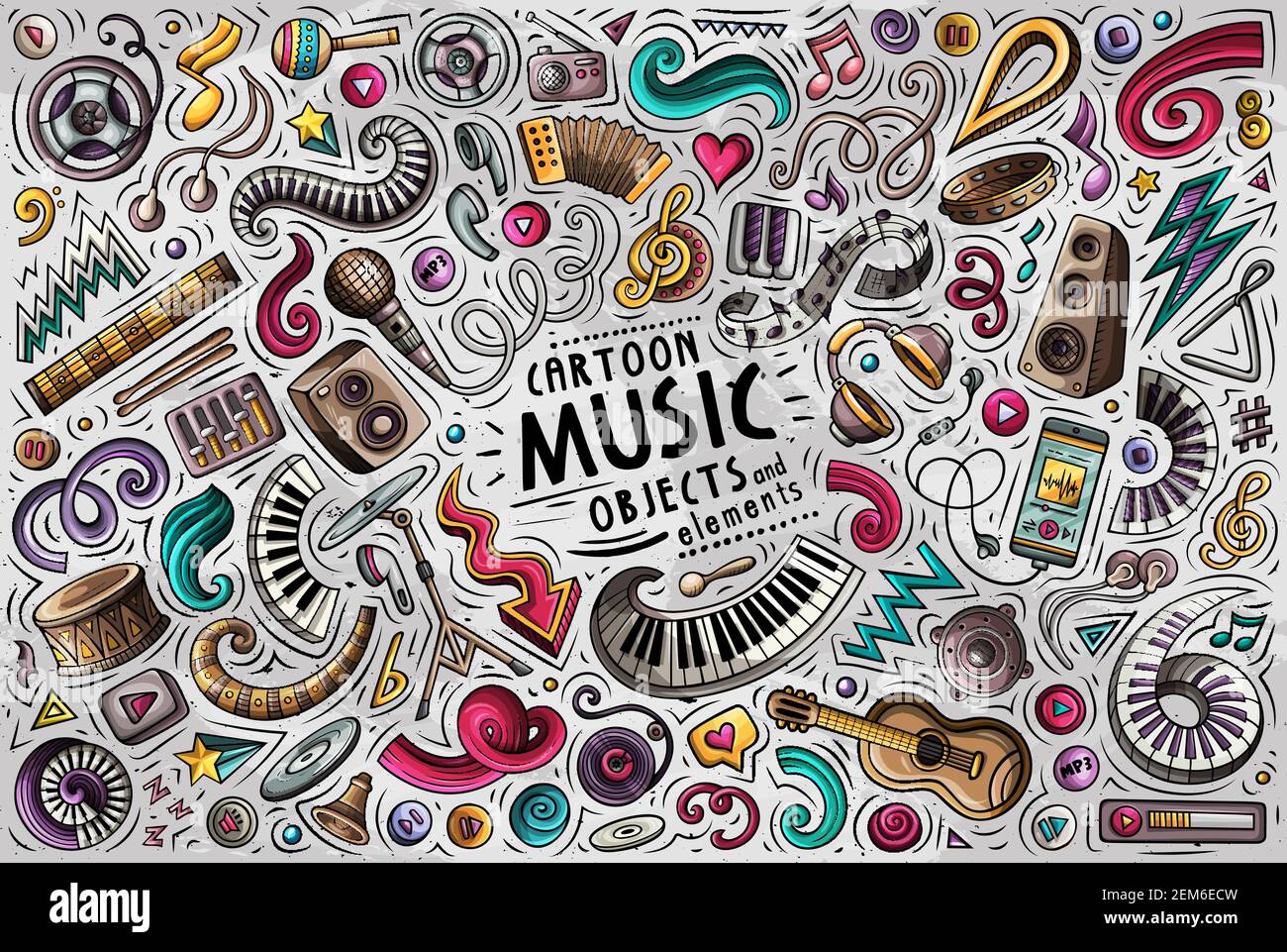 Colorful vector hand drawn doodle cartoon set of Music theme items ...