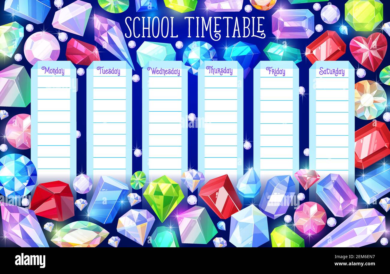 School timetable vector shedule with crystal gems, gemstones and jewel ...