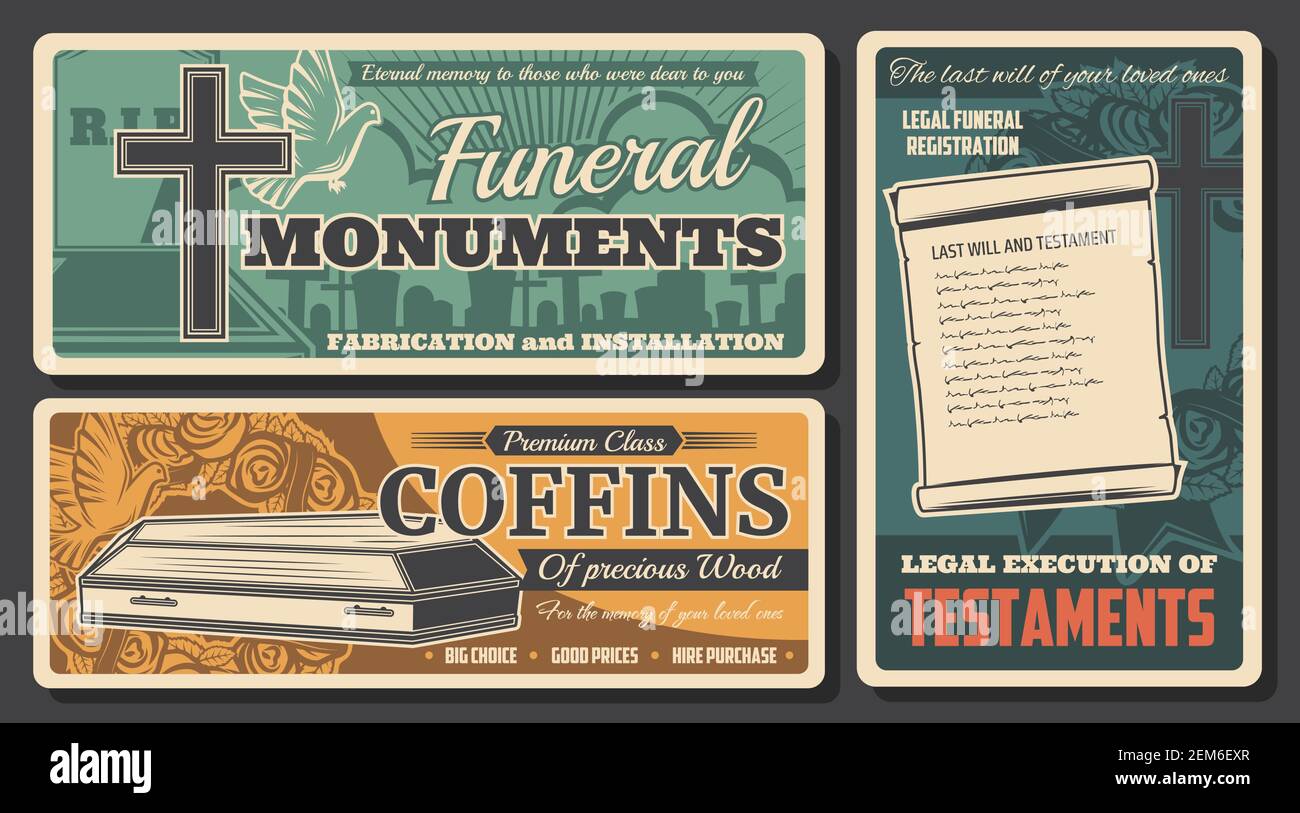 Funeral coffin, monument and testament vector design of burial or ...