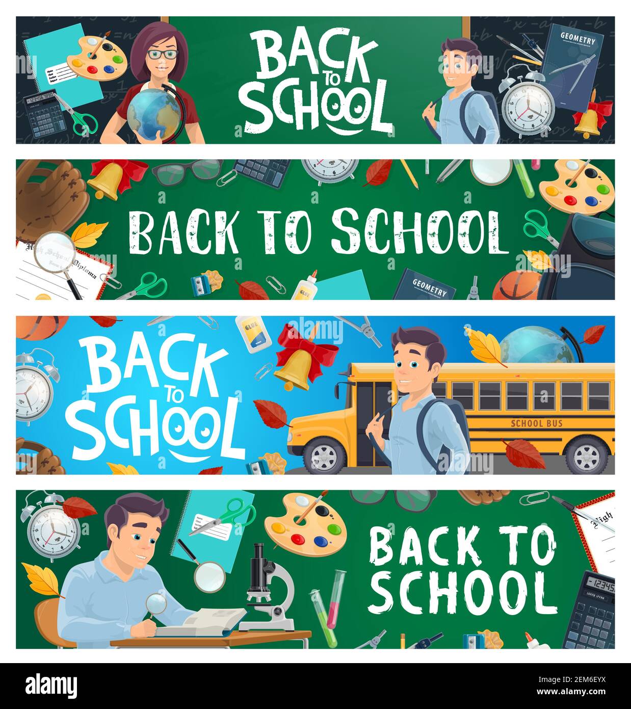 School education banners cartoon with pupil, teacher and school bus ...