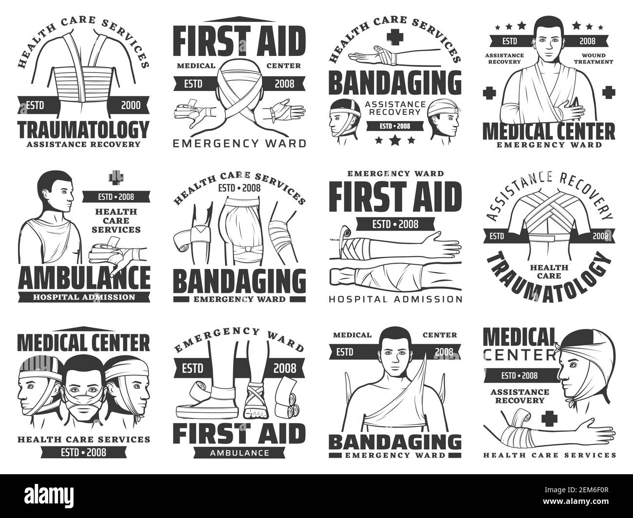 Bandages of injury and fracture vector icons of first aid bandaging ...