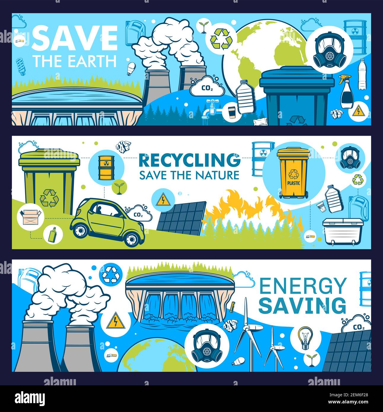 Ecology and environment vector banners of save Earth, energy saving and ...