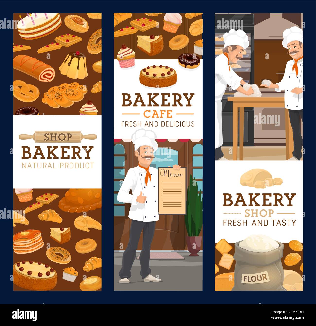 Bakers in bakery shop, bread and pastry. Cartoon chiefs in toque ...