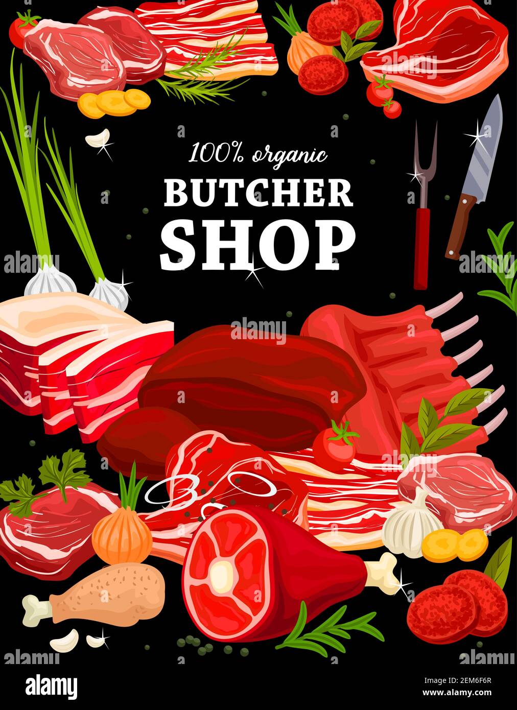 Butchery shop meat food, vector poster, farm gourmet delicatessen ...
