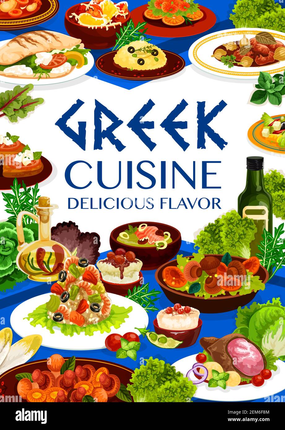 Greek cuisine meal, vector food of seafood risotto, fish soup, meat ...