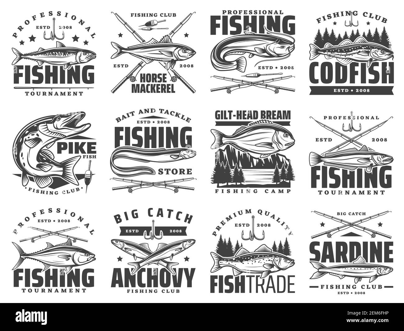 Fishing sport club badges, fishes and rod hooks tackle vector icons ...
