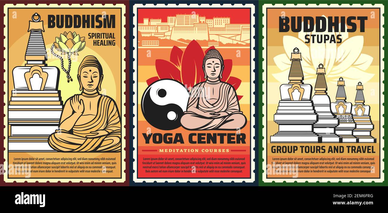 Buddhism religion, yoga courses and meditation center, vector vintage ...