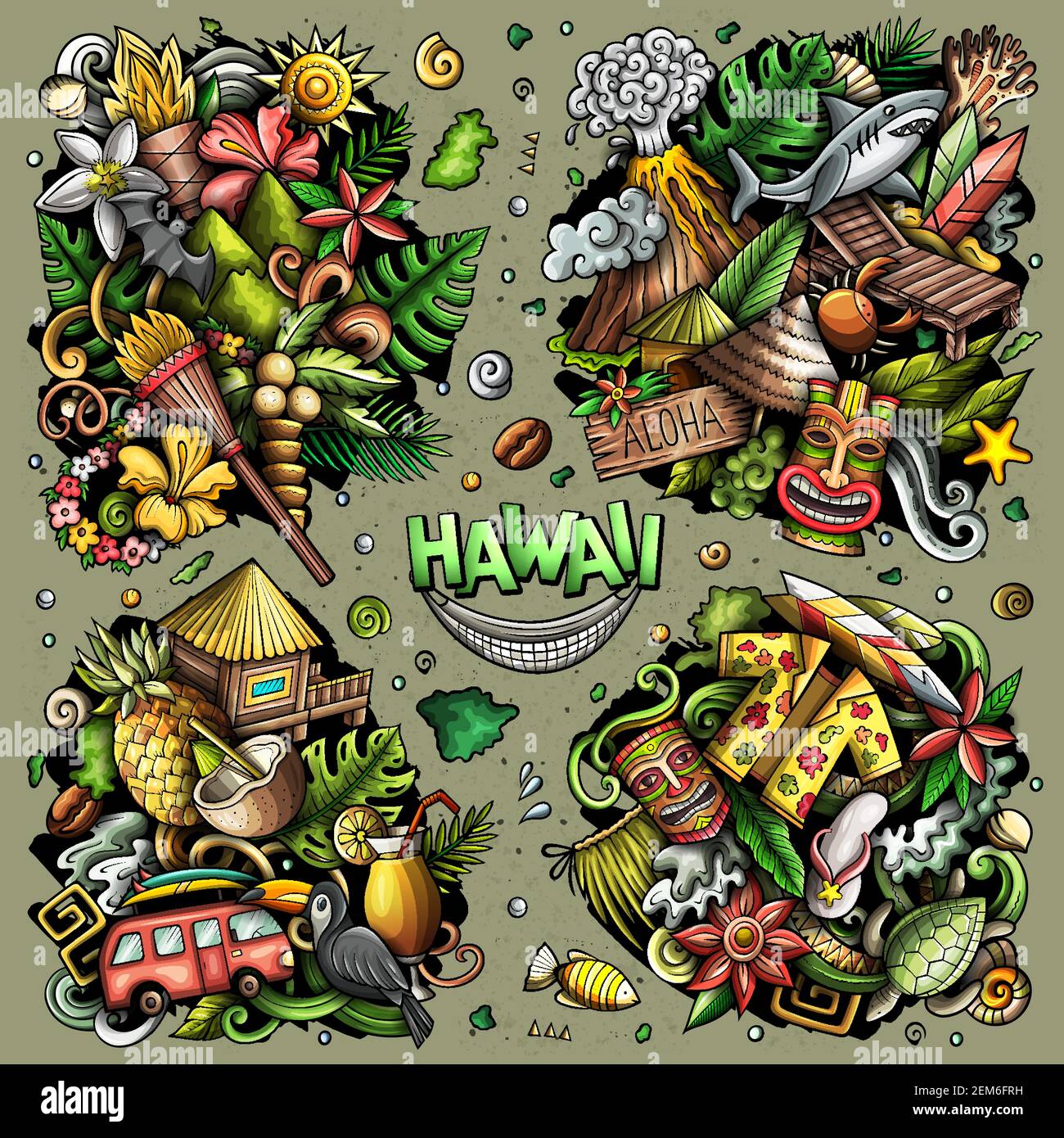 Hawaii cartoon vector doodle designs set. Colorful detailed ...