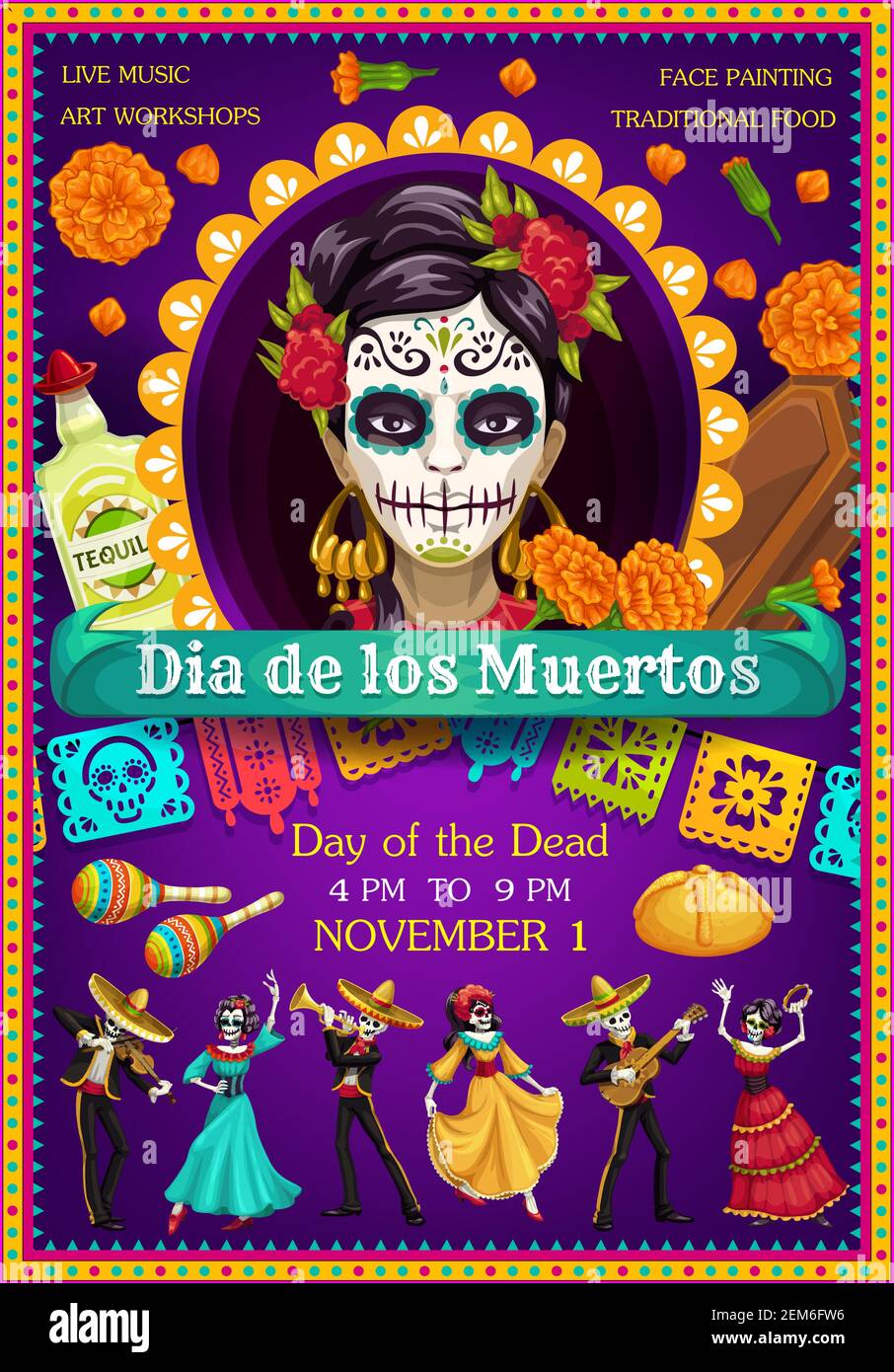 Day of the Dead Catrina with dancing skeletons vector design. Mexican ...