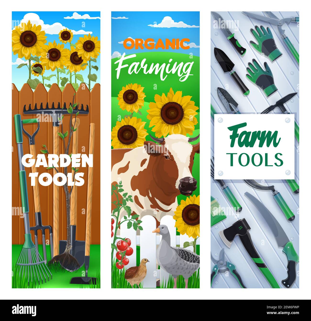 Agriculture farming, poultry and cattle farm, gardening tools vector ...
