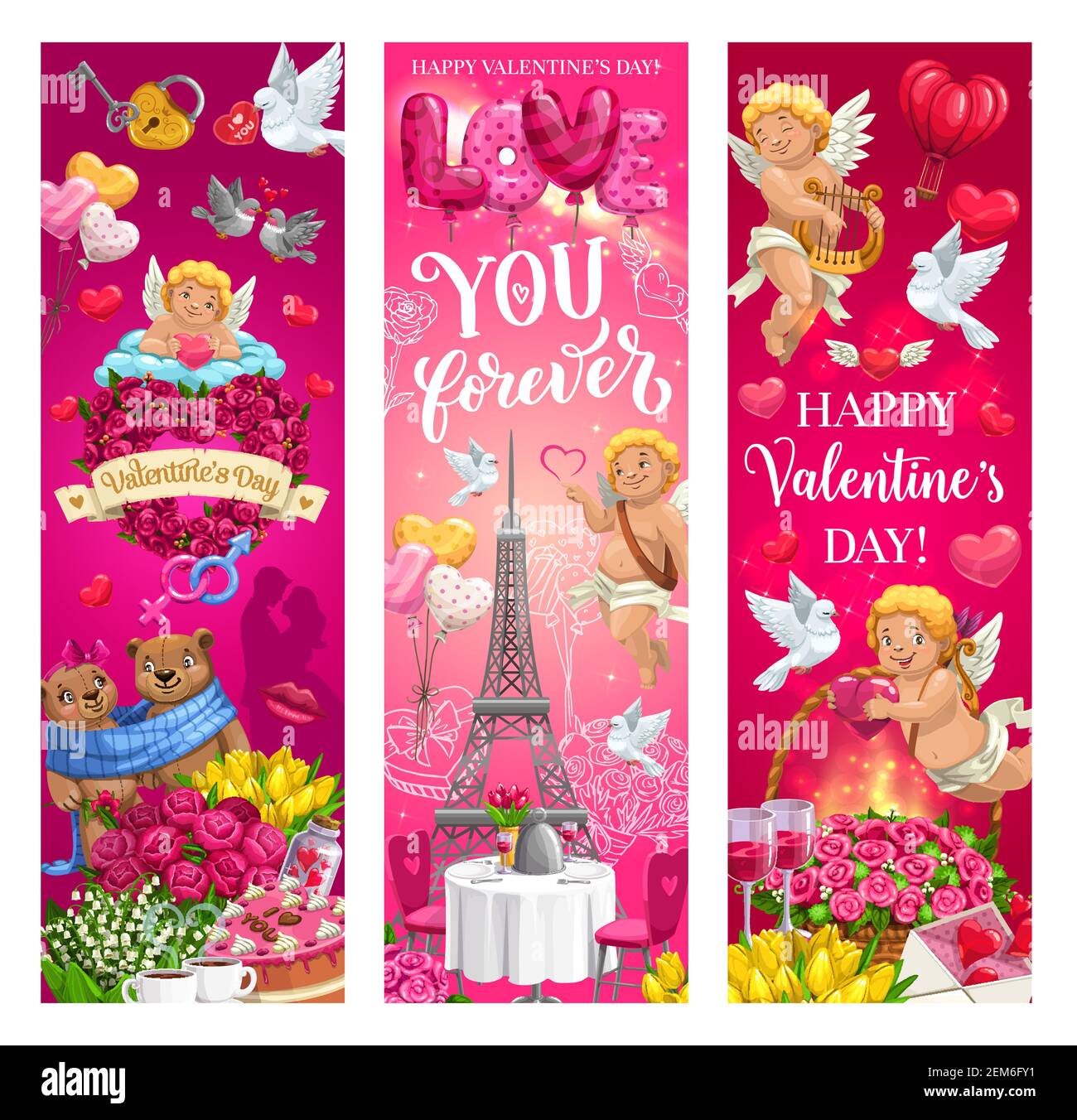 Valentines Day vector banners with romantic love gifts, hearts and ...