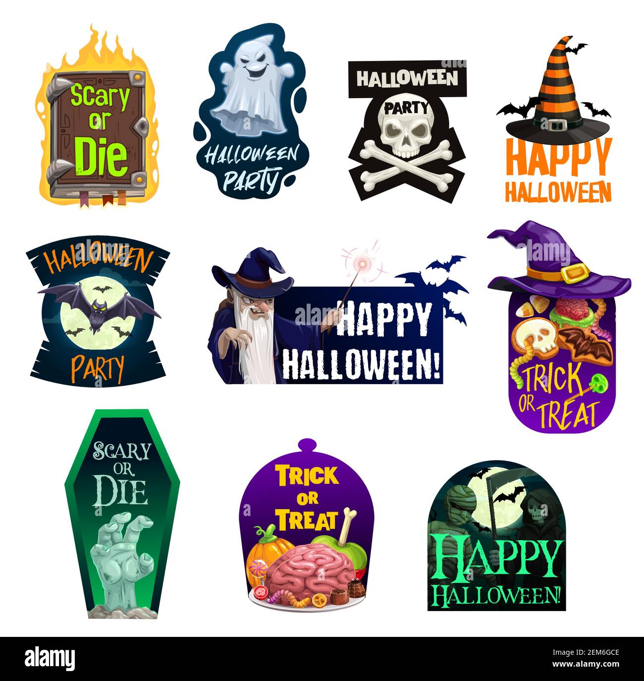 Halloween vector icons of ghost, bats and witch hat with trick or treat ...