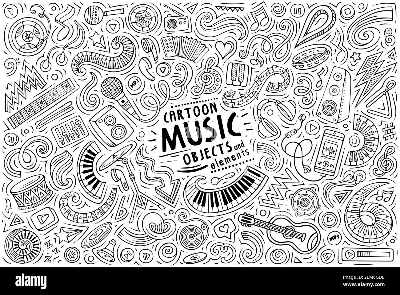 Line art vector hand drawn doodle cartoon set of Music theme items ...