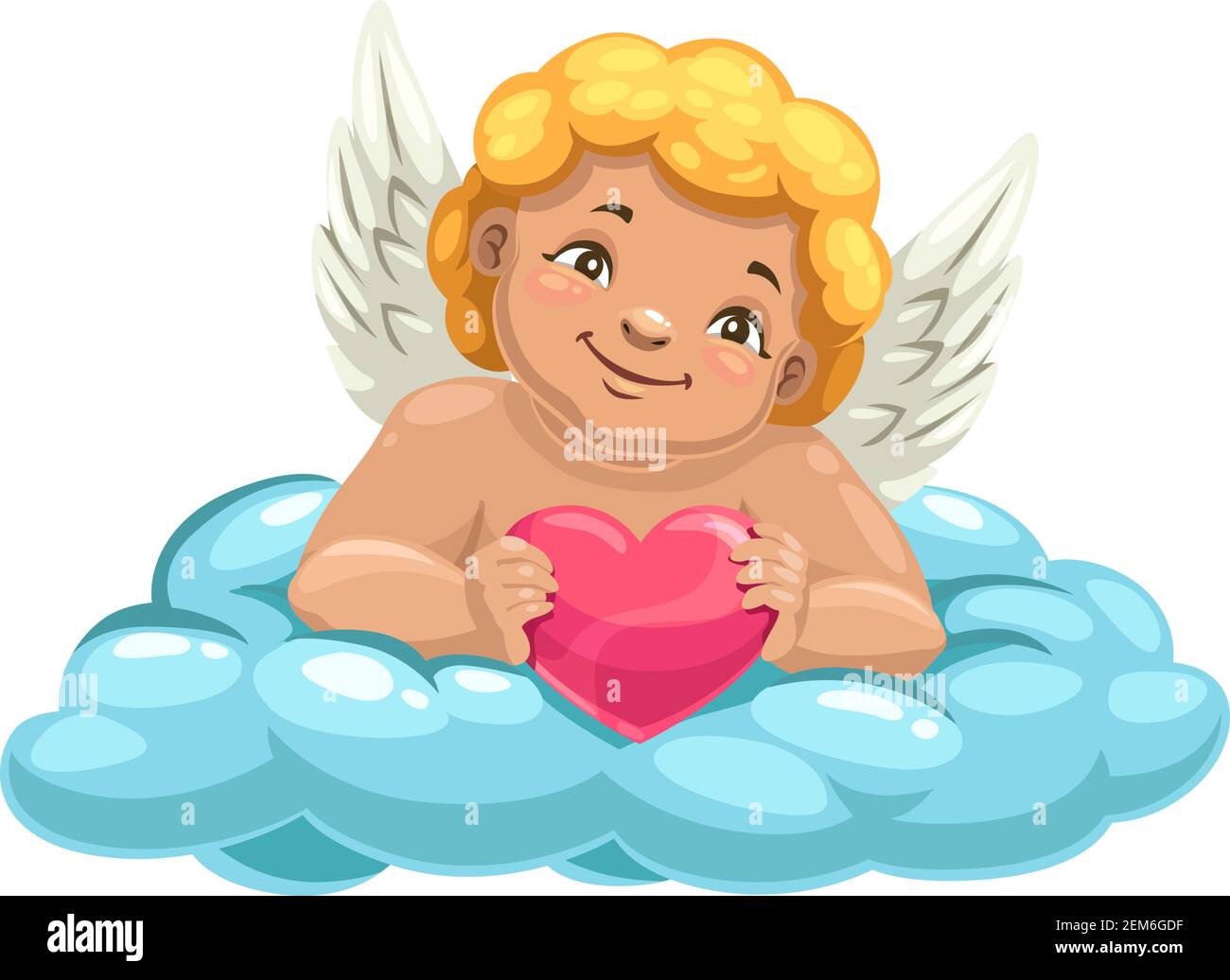 Winged Cupid boy, heart in hands, isolated on cloud. Vector cartoon ...