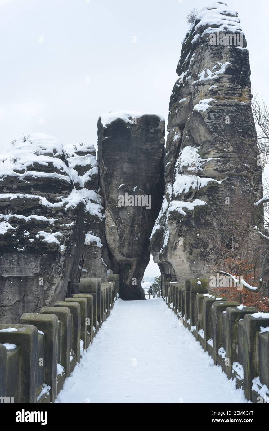 Bastei, Germany, bridge and famous stones in winter with snow Stock ...