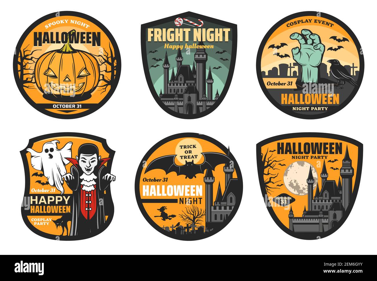 Halloween vector badges with spooky pumpkin, ghost and bats, witch ...