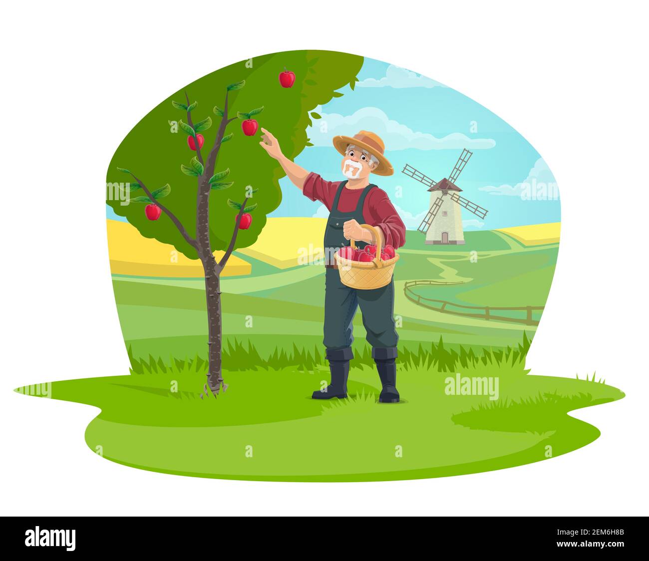 Farmer harvesting apples in farm garden, agriculture and farming vector ...