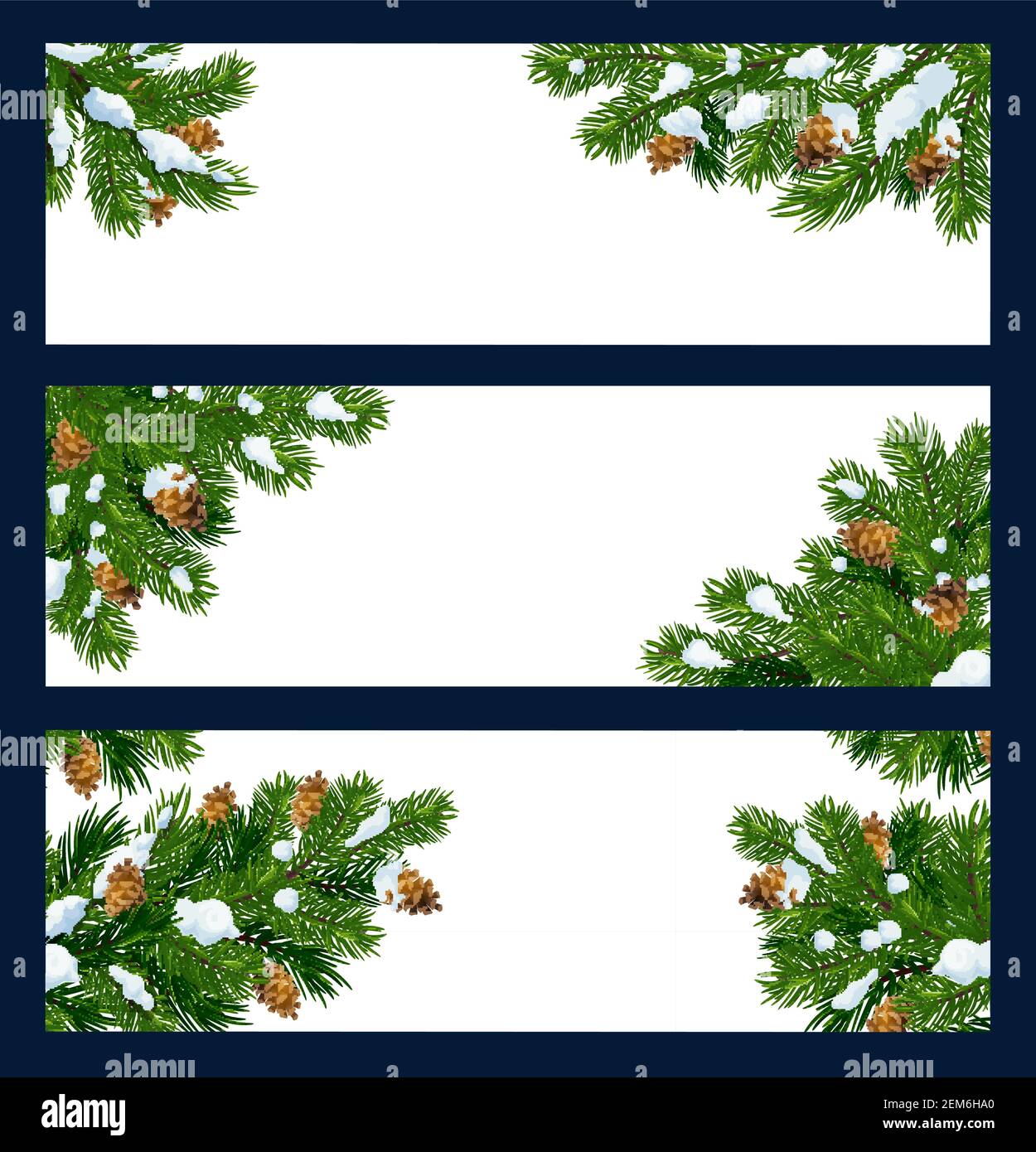 Christmas tree vector banners with green branches, snow and pinecones ...