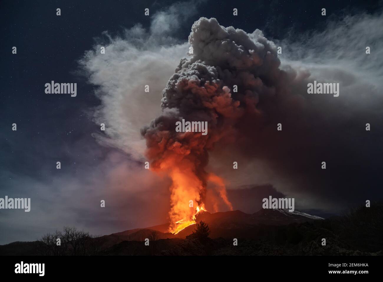 Catania Sicily, Italy - 24/25 February 2021. the lava fountain reached ...