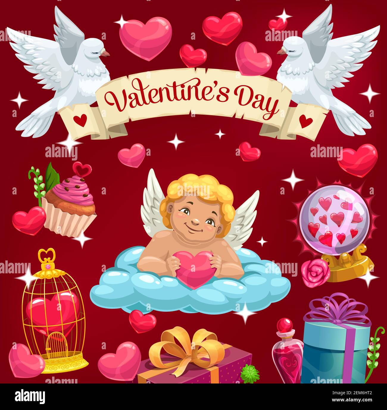 Valentine day love hearts and cupid angel on cloud. Vector Valentine ...