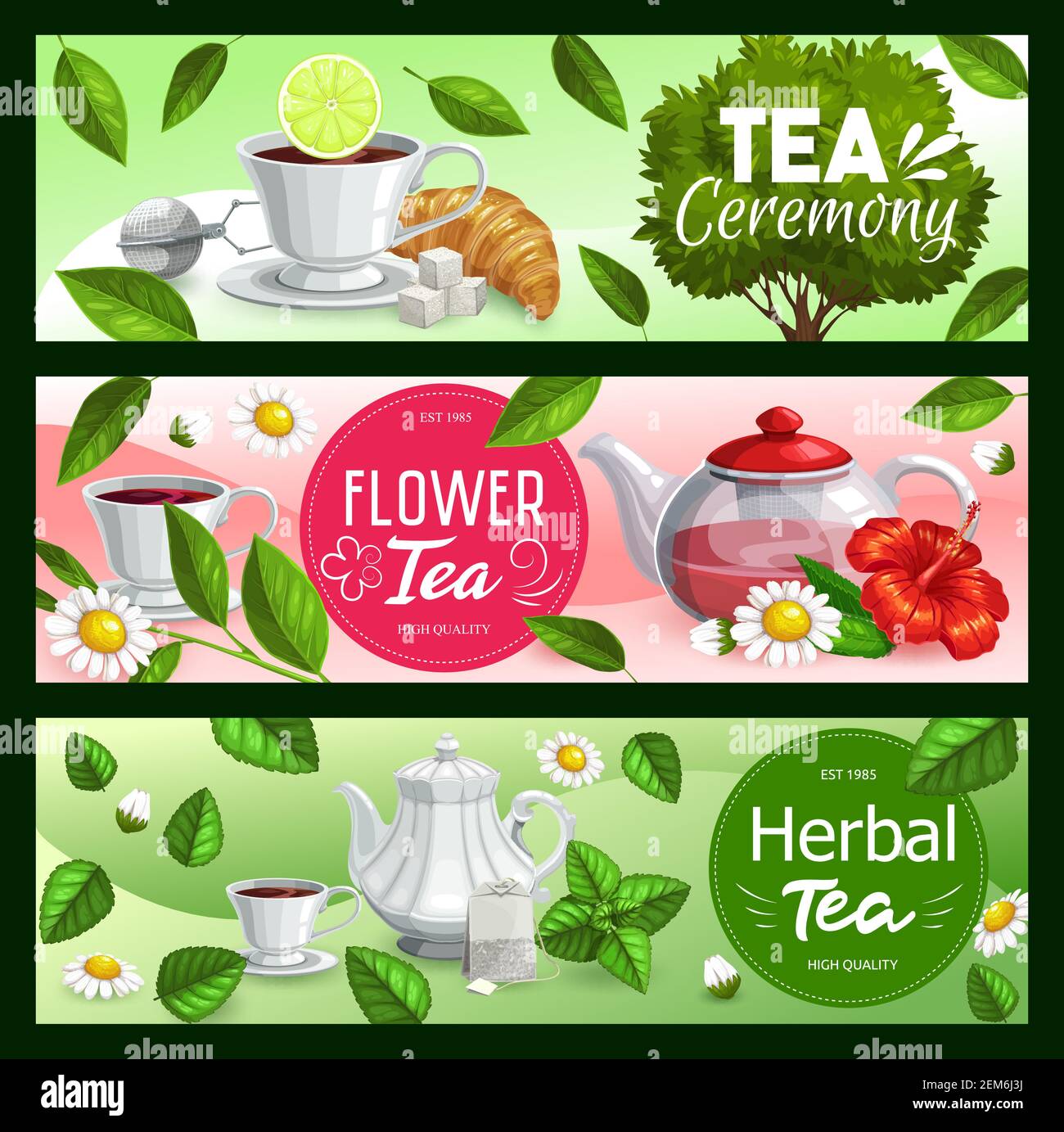 Tea leaves with cups and teapots of black, green and herbal beverage ...