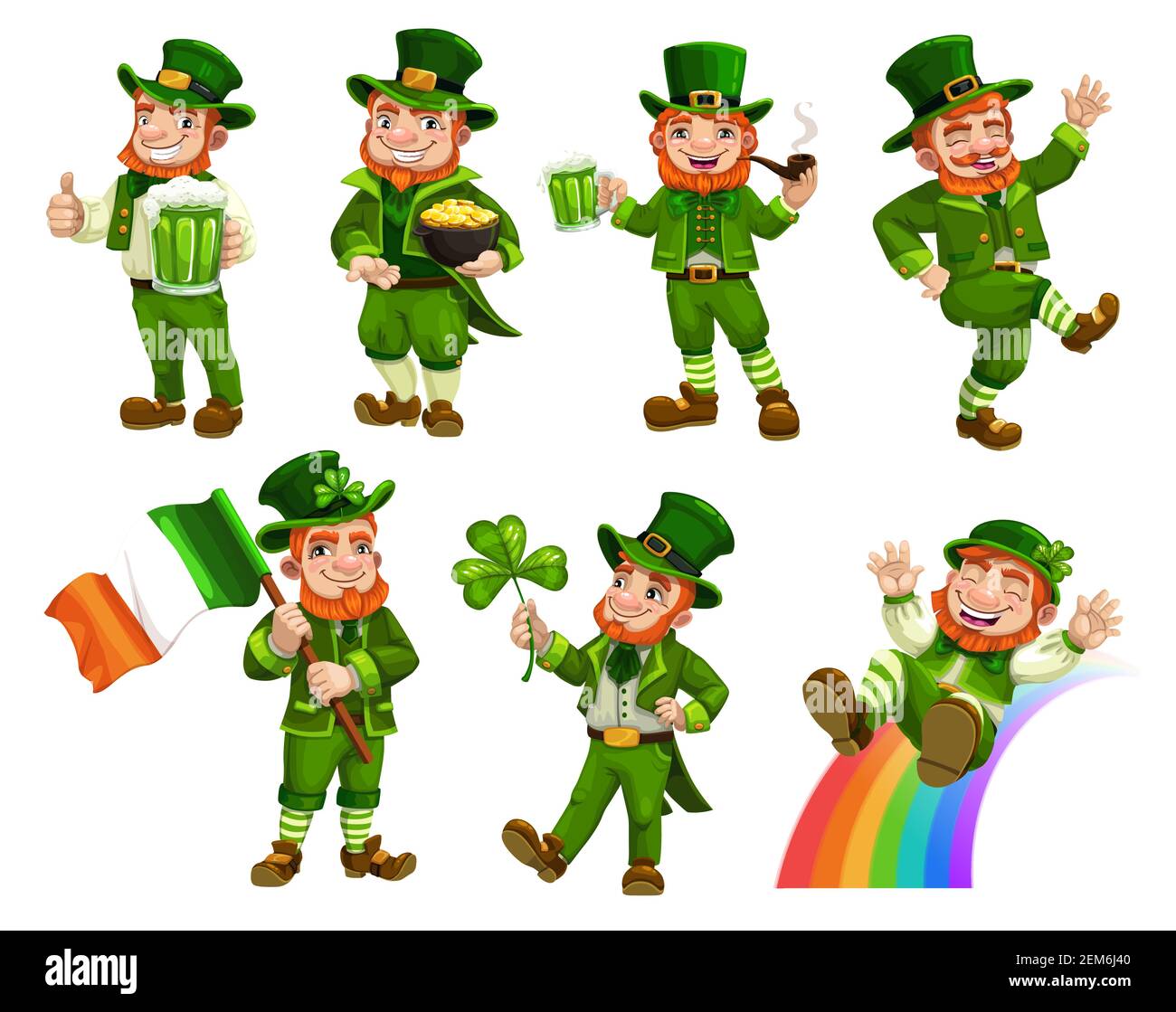 Leprechauns in green costumes and hat isolated cartoon characters ...