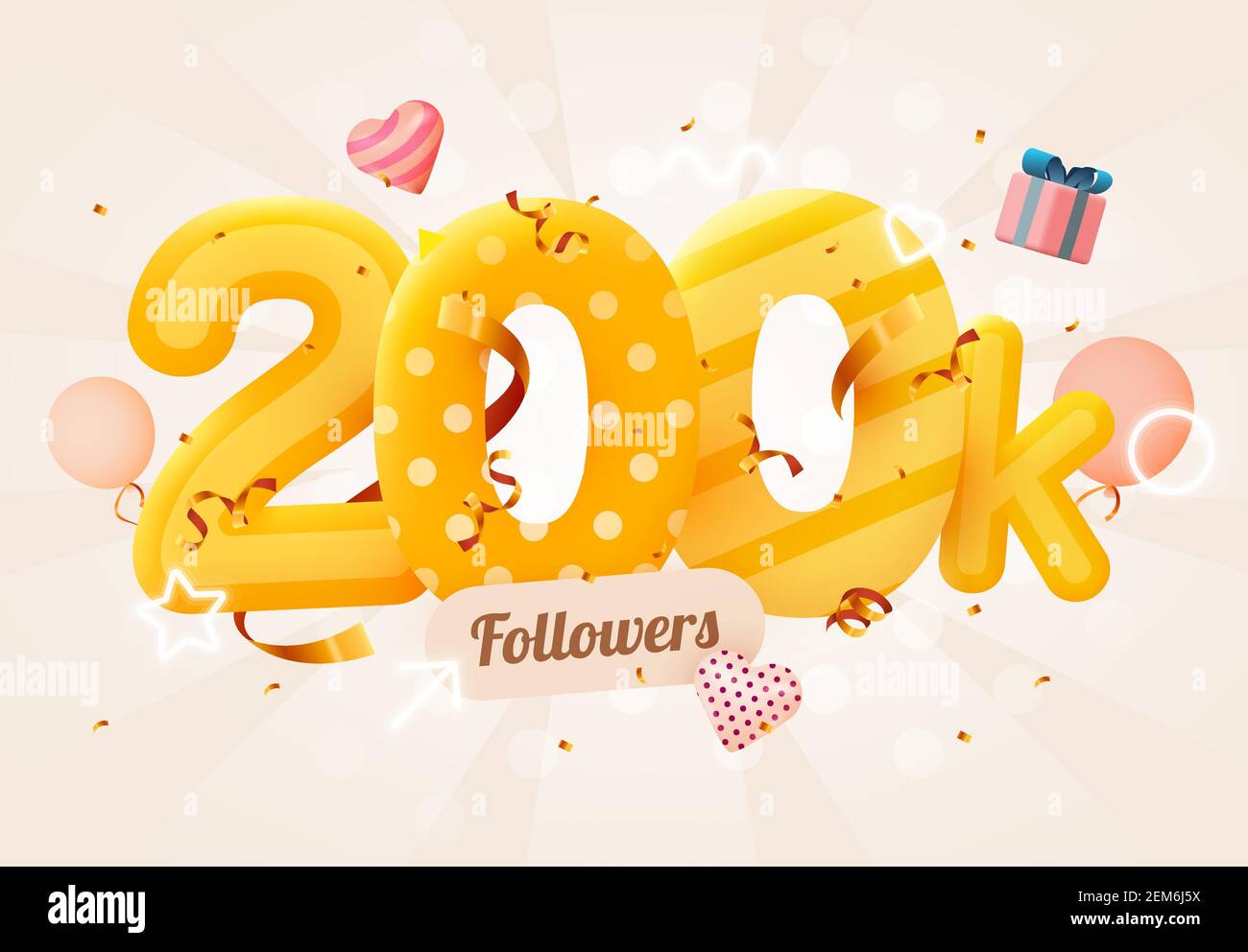 200k or 200000 followers thank you Pink heart, golden confetti and neon ...