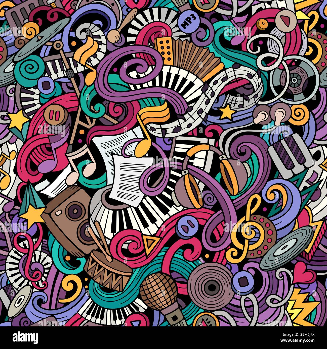 Music hand drawn doodles seamless pattern. Musical instruments ...