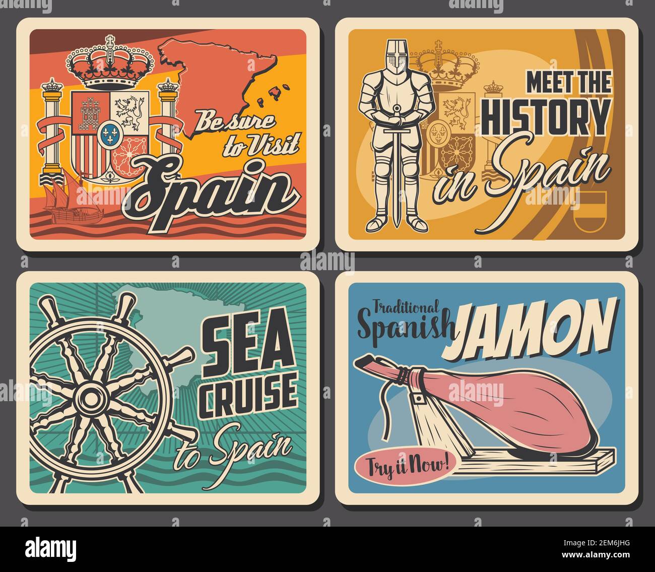 Spain travel agency, vector vintage retro posters, Spanish culture and ...