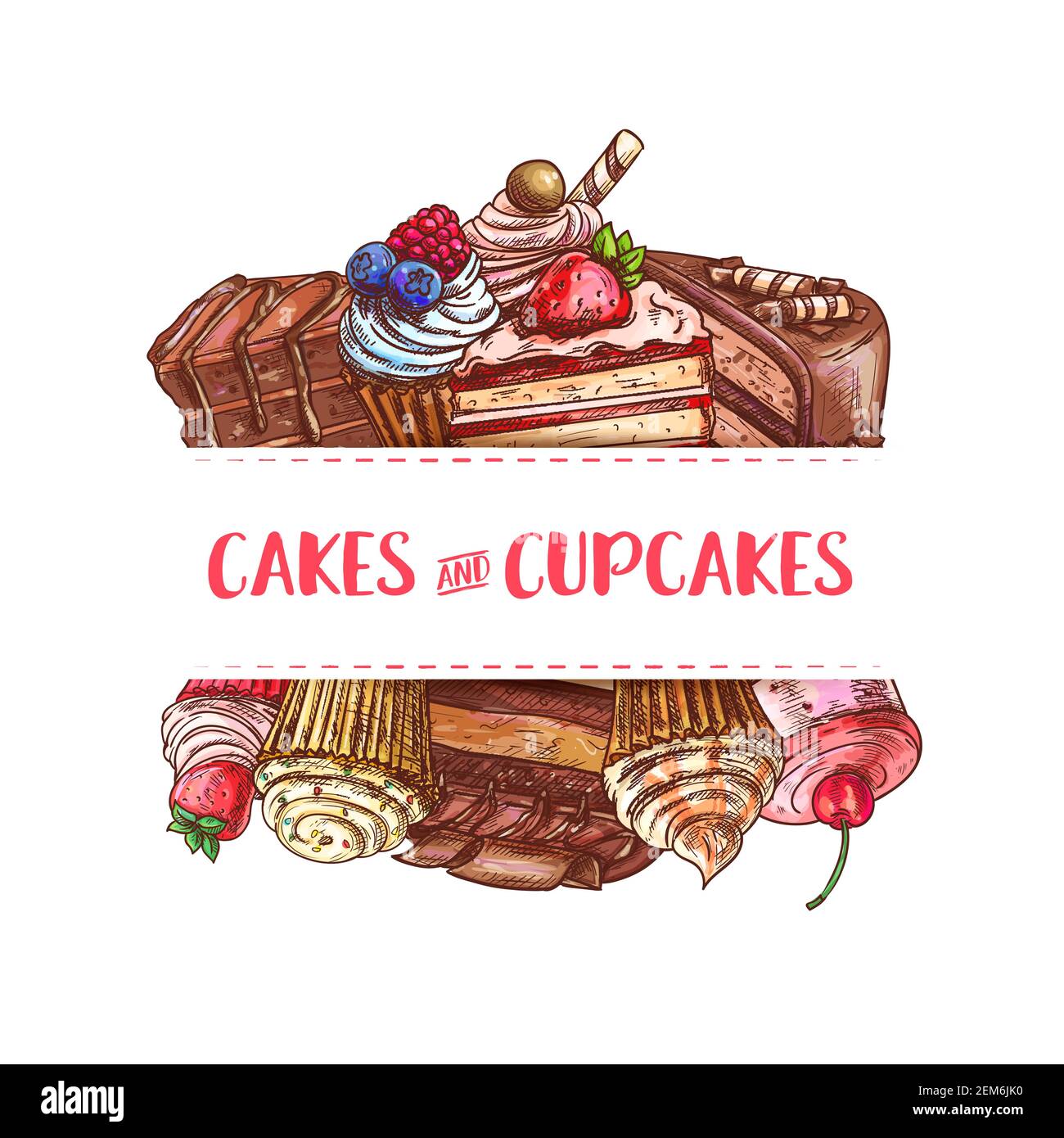 Bakery Cakes Pastry Cupcakes And Sweet Desserts Vector Sketch Poster