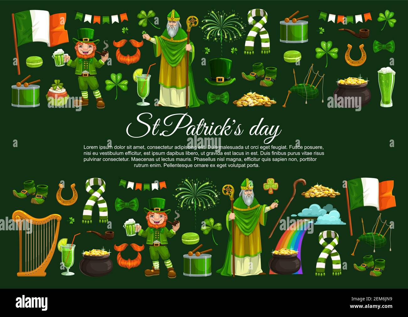 St Patrick, shamrocks and leprechauns with gold vector banner ...