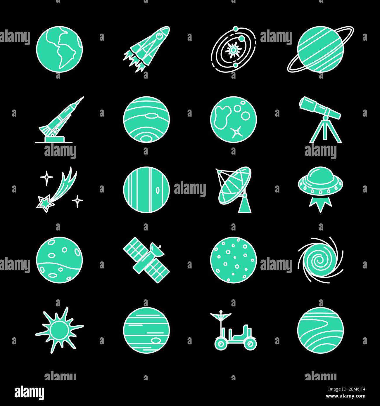 Space exploration icons collection in colored line style. Solar system planets, spaceship and ...