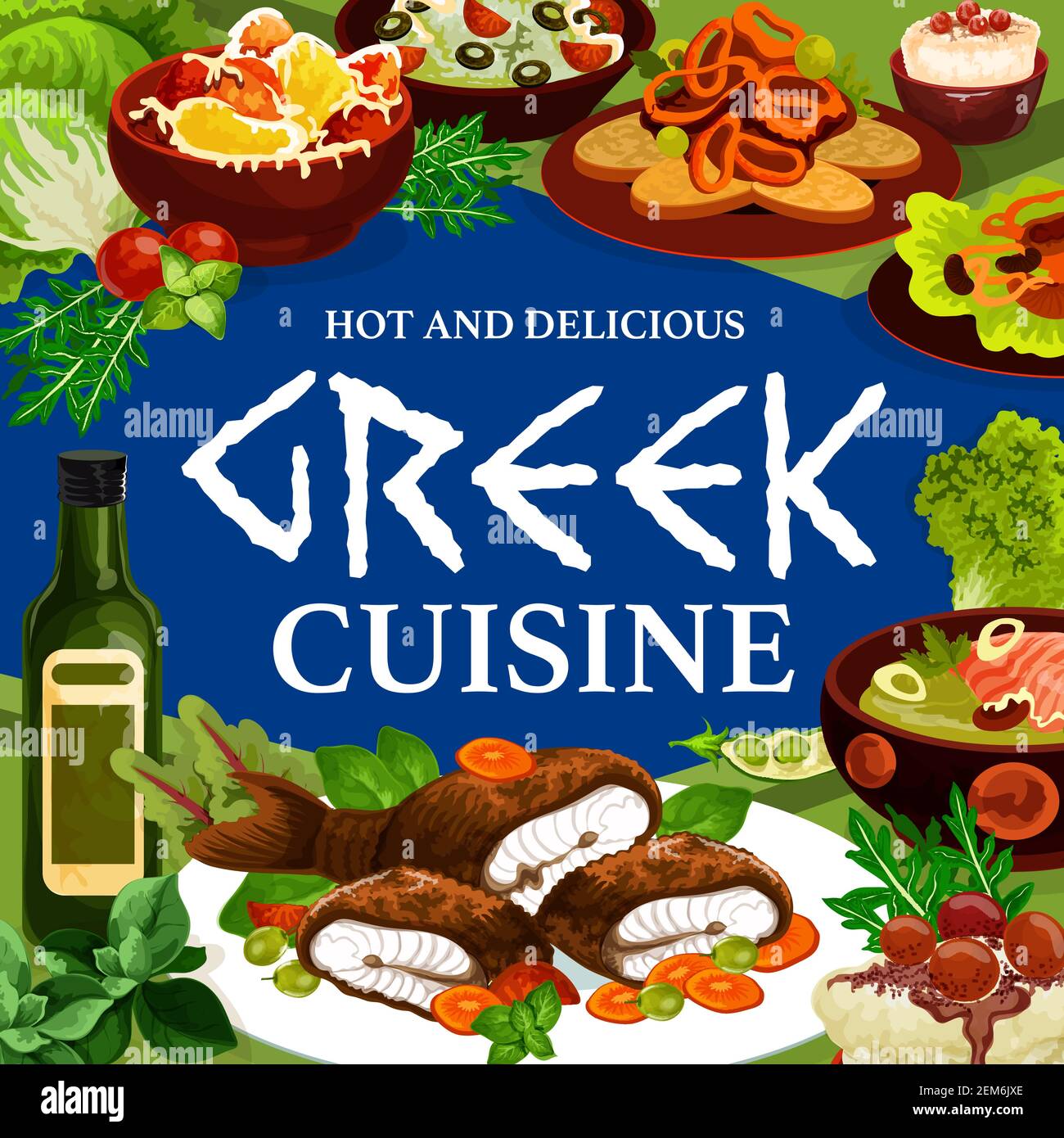 Food of Greek cuisine, vector meal of fish, vegetable, meat and seafood ...