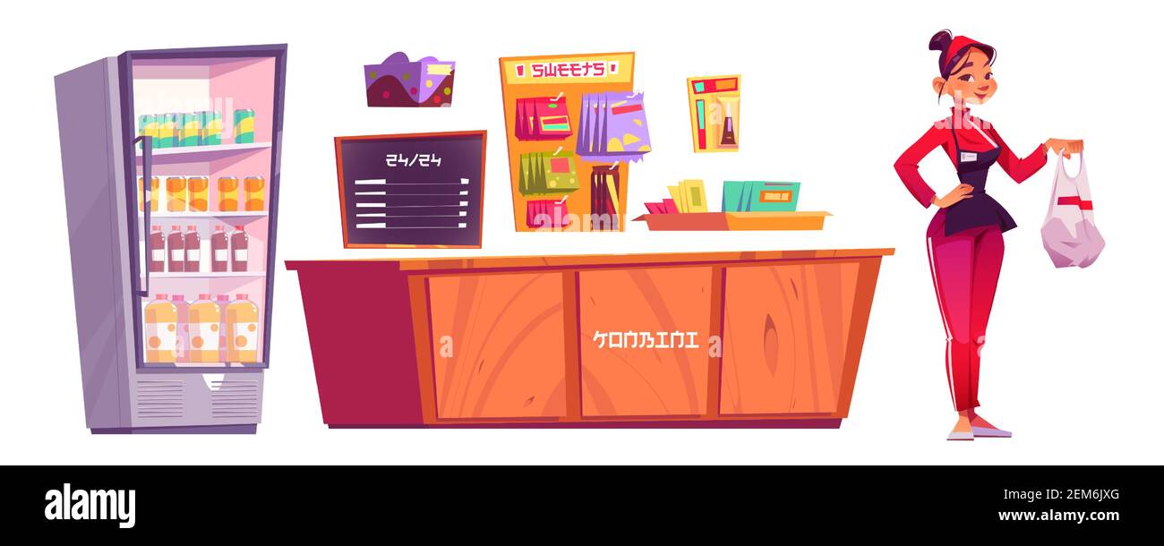 Konbini, convenience store furniture and woman seller isolated on white ...