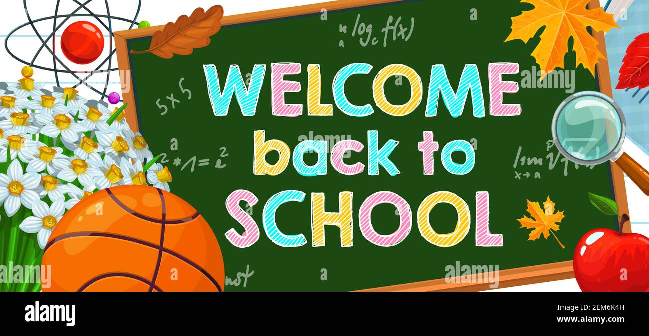 Welcome back to school cartoon vector poster with chalk colorful ...