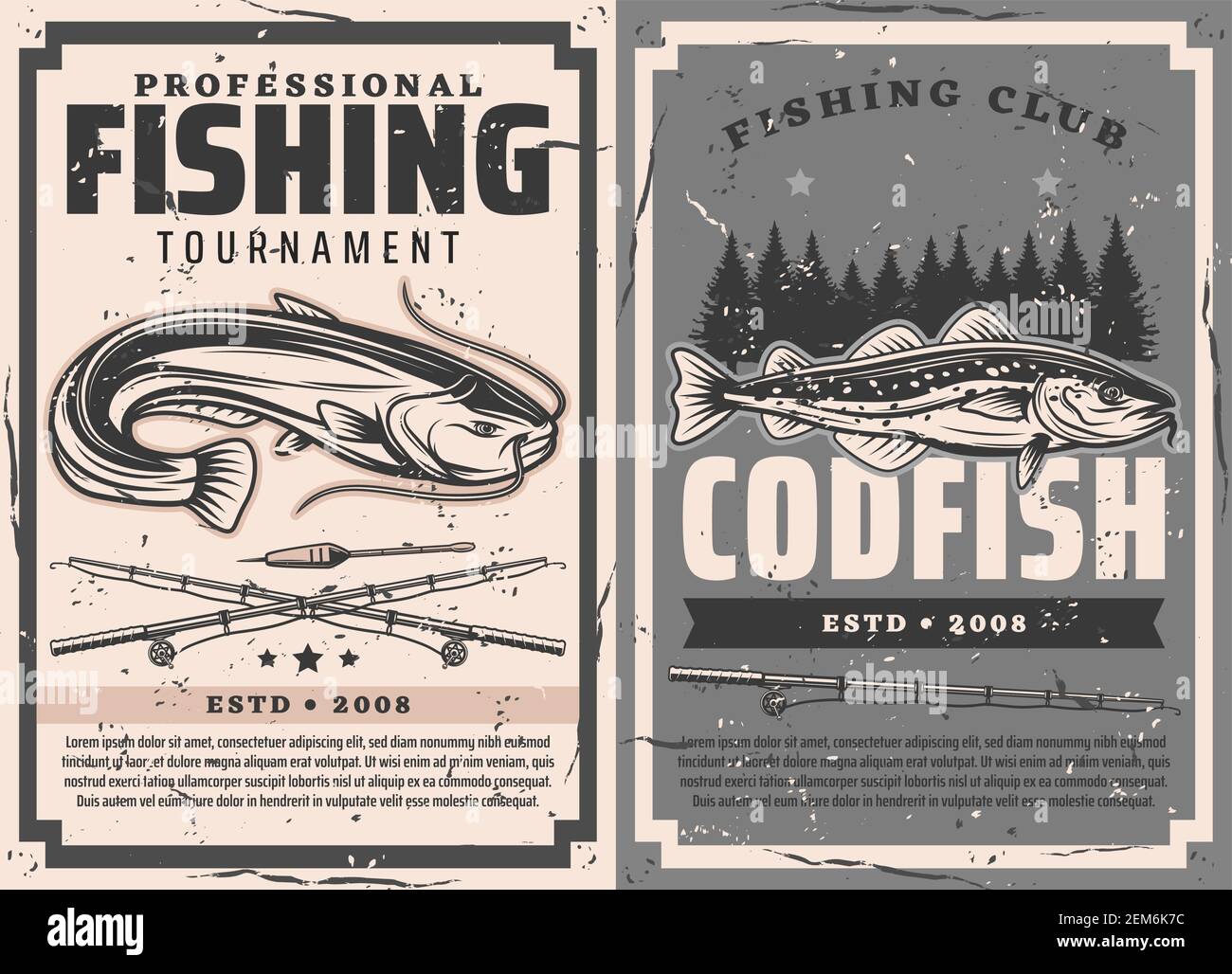 Fishing rods, catfish and cod fish vector design of fisherman sport ...