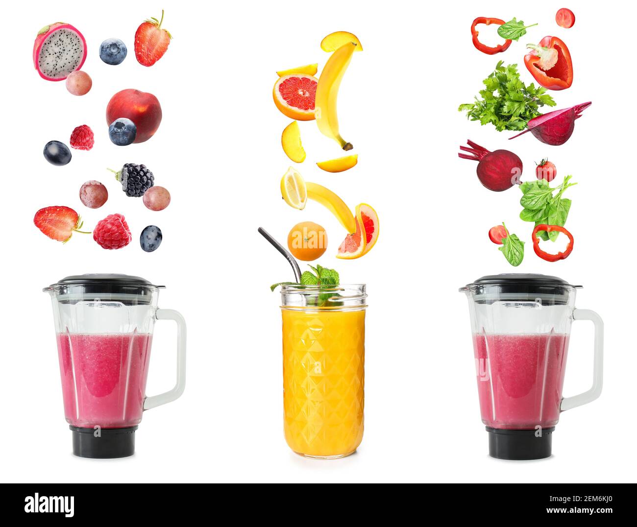 Different healthy smoothies with falling ingredients on white ...