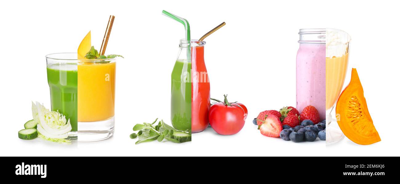 Collage of different healthy smoothies on white background Stock Photo ...