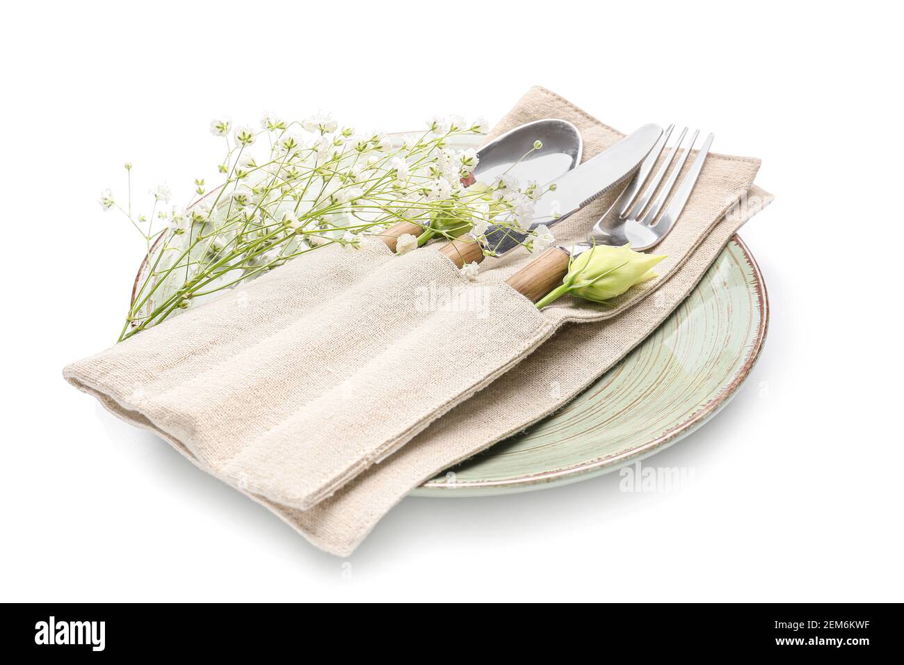 Beautiful table setting on white background Stock Photo - Alamy