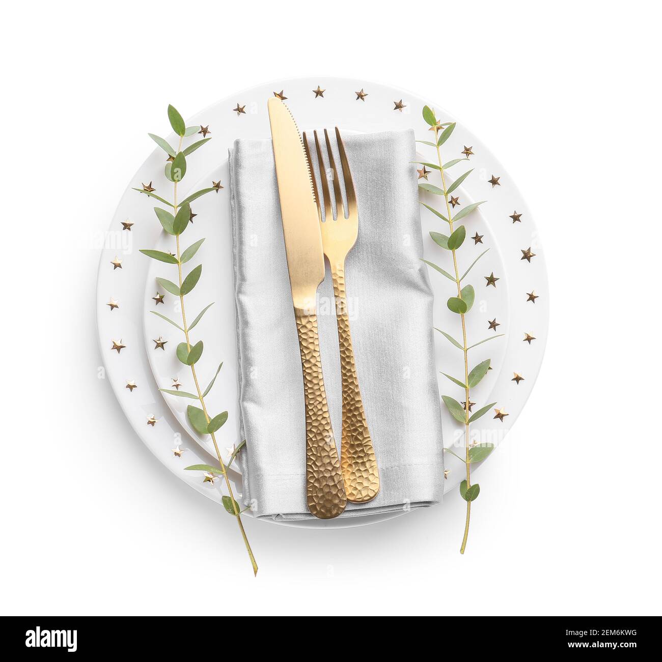 Beautiful table setting on white background Stock Photo - Alamy