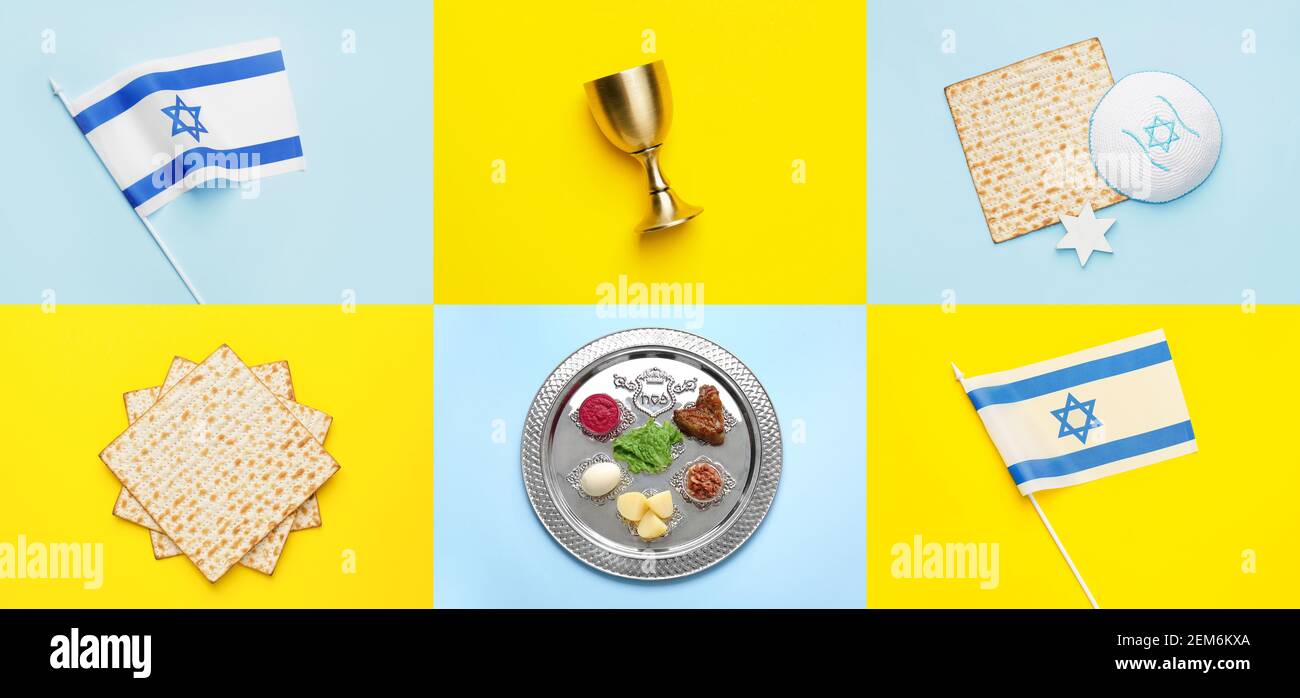 Collage of Passover Seder plate with traditional food, sacramental ...