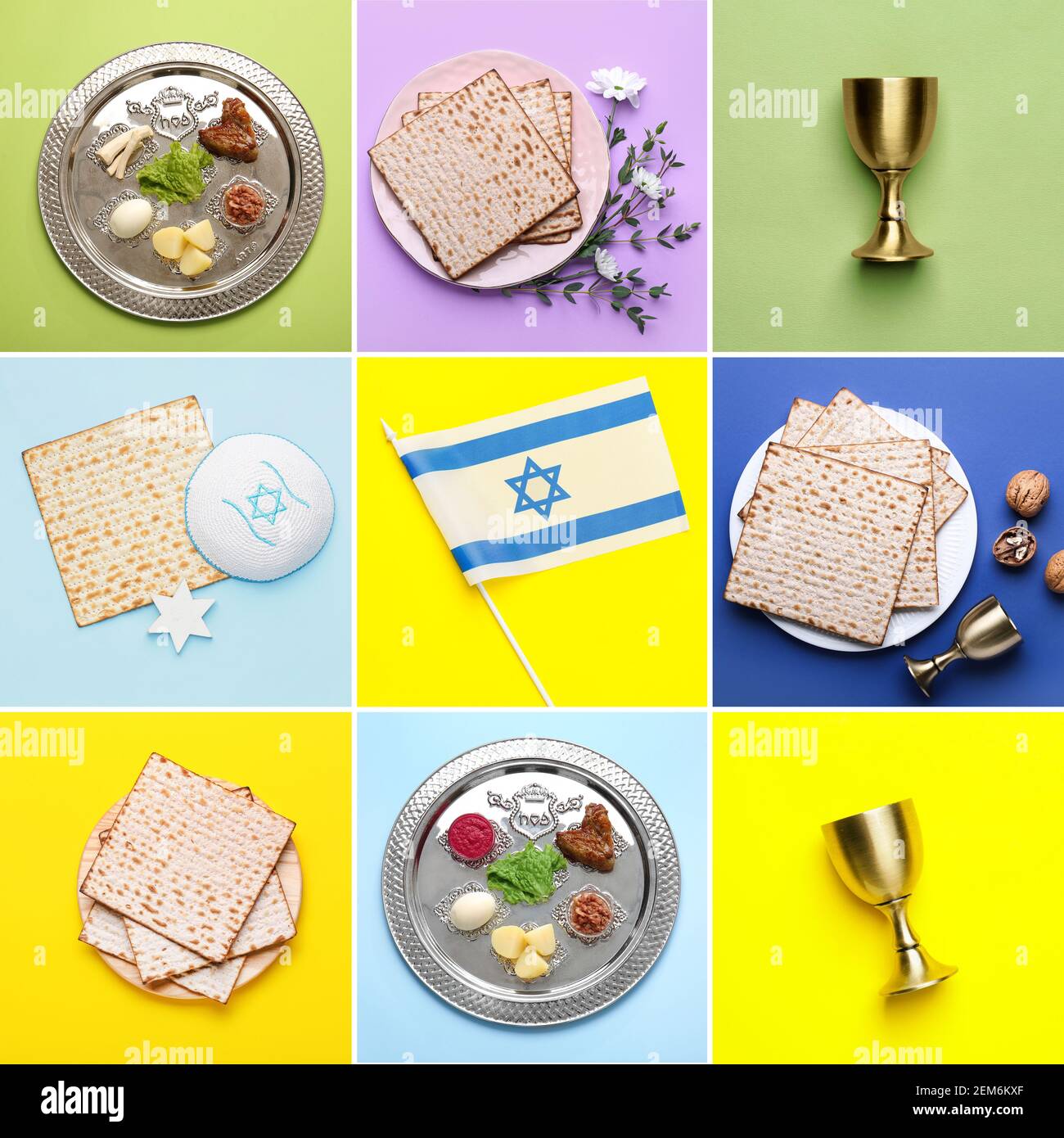 Collage of Passover Seder plate with traditional food, sacramental ...