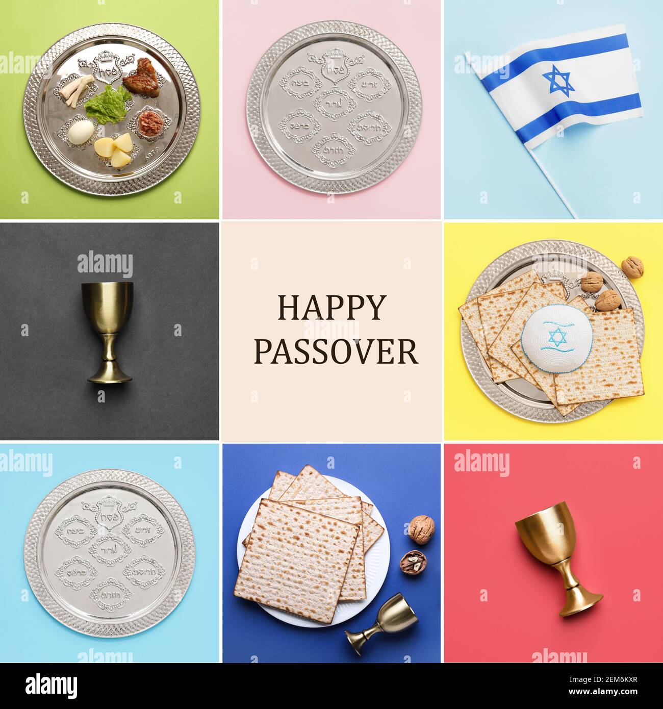 Collage of Passover Seder plate with traditional food, sacramental ...