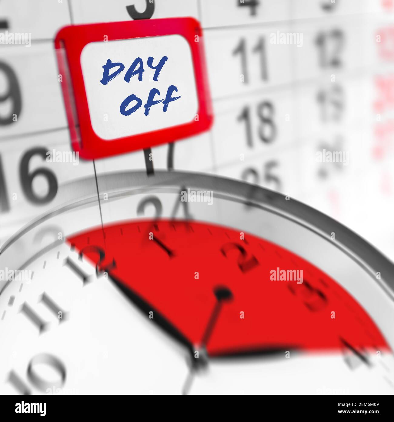 Double exposure of clock and calendar with marked day off, closeup ...