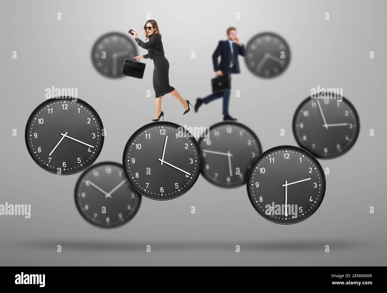 Running business people with clocks on grey background. Deadline ...